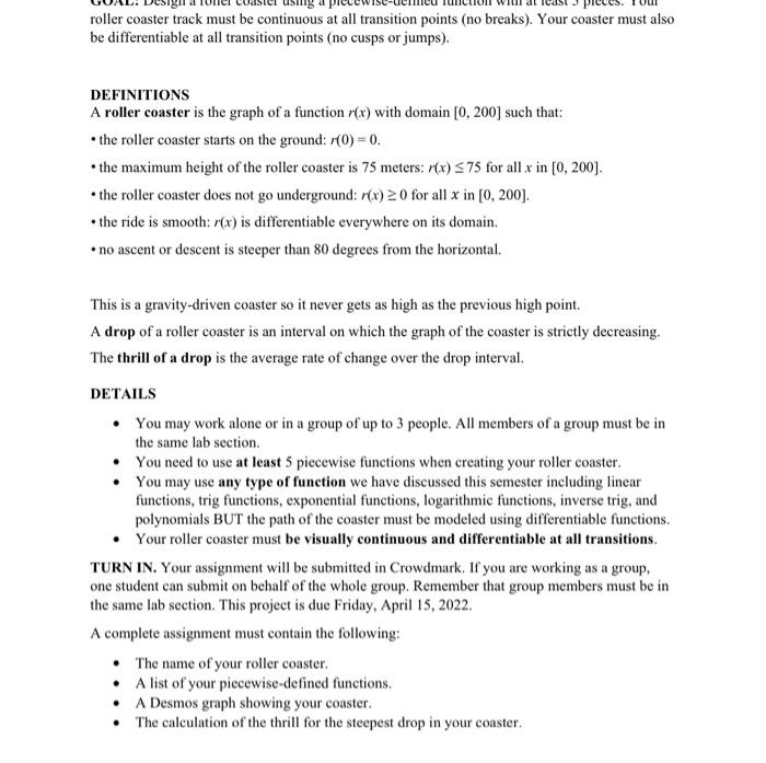 Solved roller coaster track must be continuous at all | Chegg.com