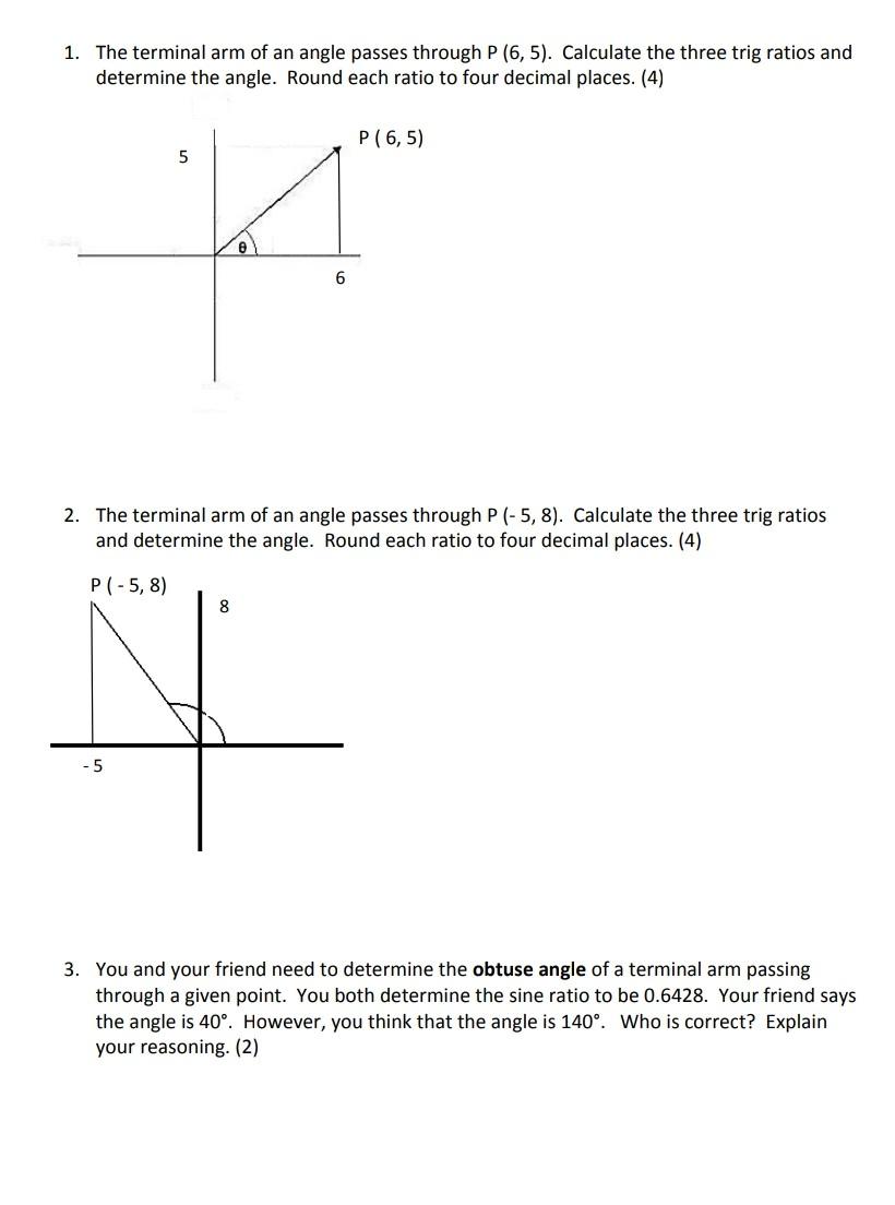 Solved 1. The terminal arm of an angle passes through P | Chegg.com