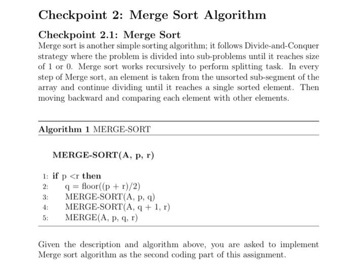 Solved Checkpoint 2: Merge Sort Algorithm Checkpoint 2.1: | Chegg.com