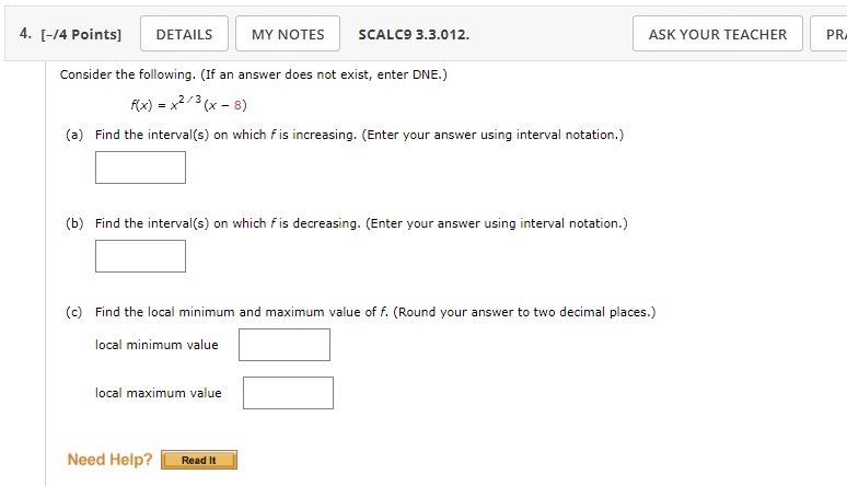 Solved 4. [-/4 ﻿Points] ﻿SCALC9 3.3.012. ﻿Consider the | Chegg.com