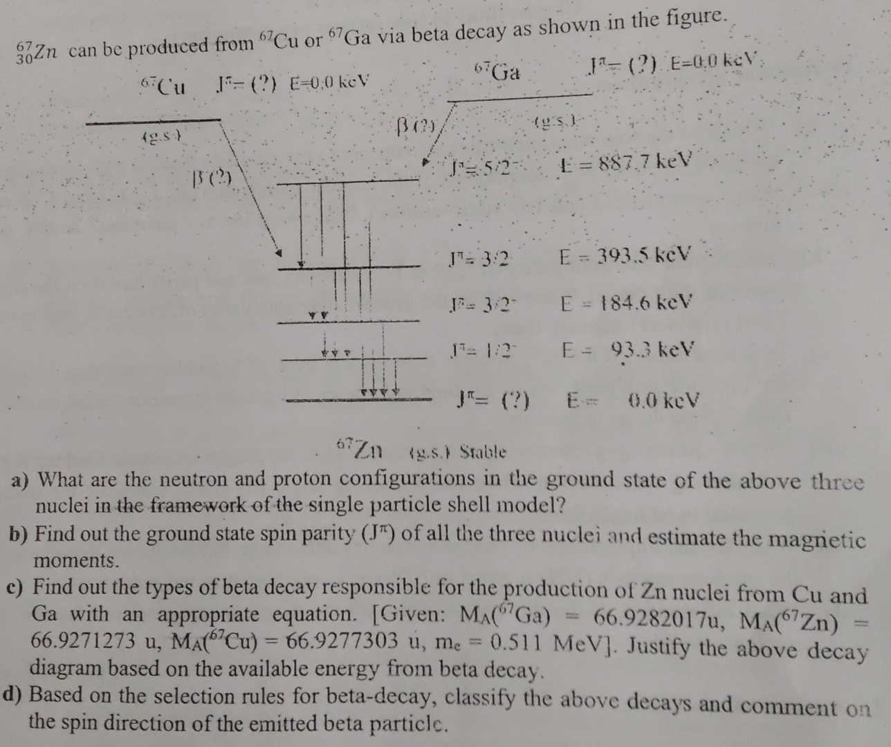 Solved ?3067Zn ﻿can be produced from ?67Cu ﻿or ?67Ga ﻿via | Chegg.com