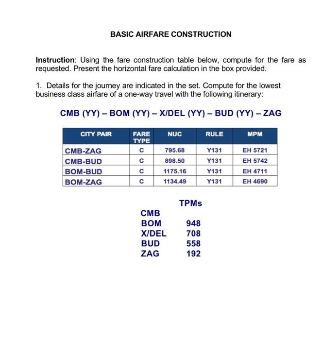 BASIC AIRFARE CONSTRUCTION Instruction: Using the | Chegg.com