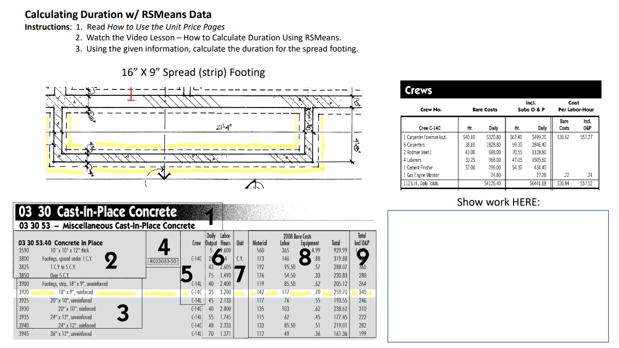 Solved Calculating Duration w/ ﻿RSMeans DataInstructions: 1. | Chegg.com