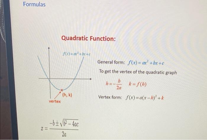 Solved Formulas 2= vertex Quadratic Function: f(x)=x²+bx+c | Chegg.com