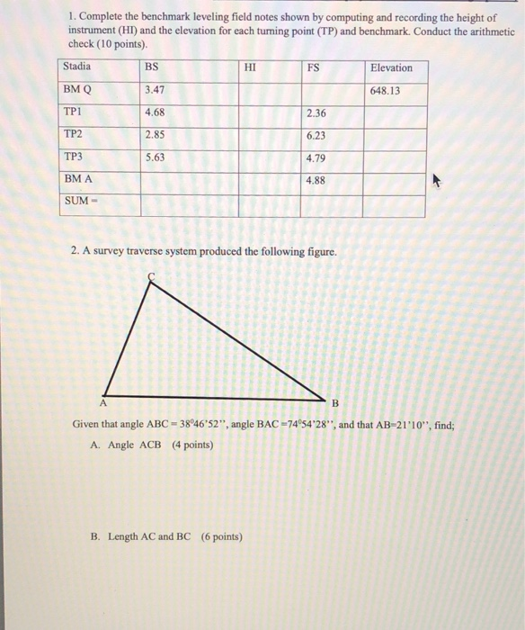 Solved 1. Complete the benchmark leveling field notes shown | Chegg.com