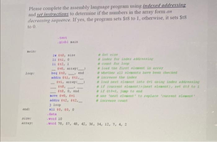 Solved Please complete the assembly language program using | Chegg.com