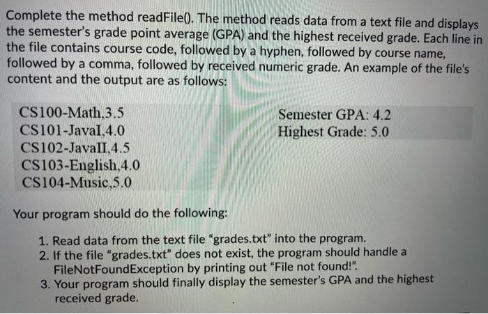 Solved Complete The Method Readfile The Method Reads Data 