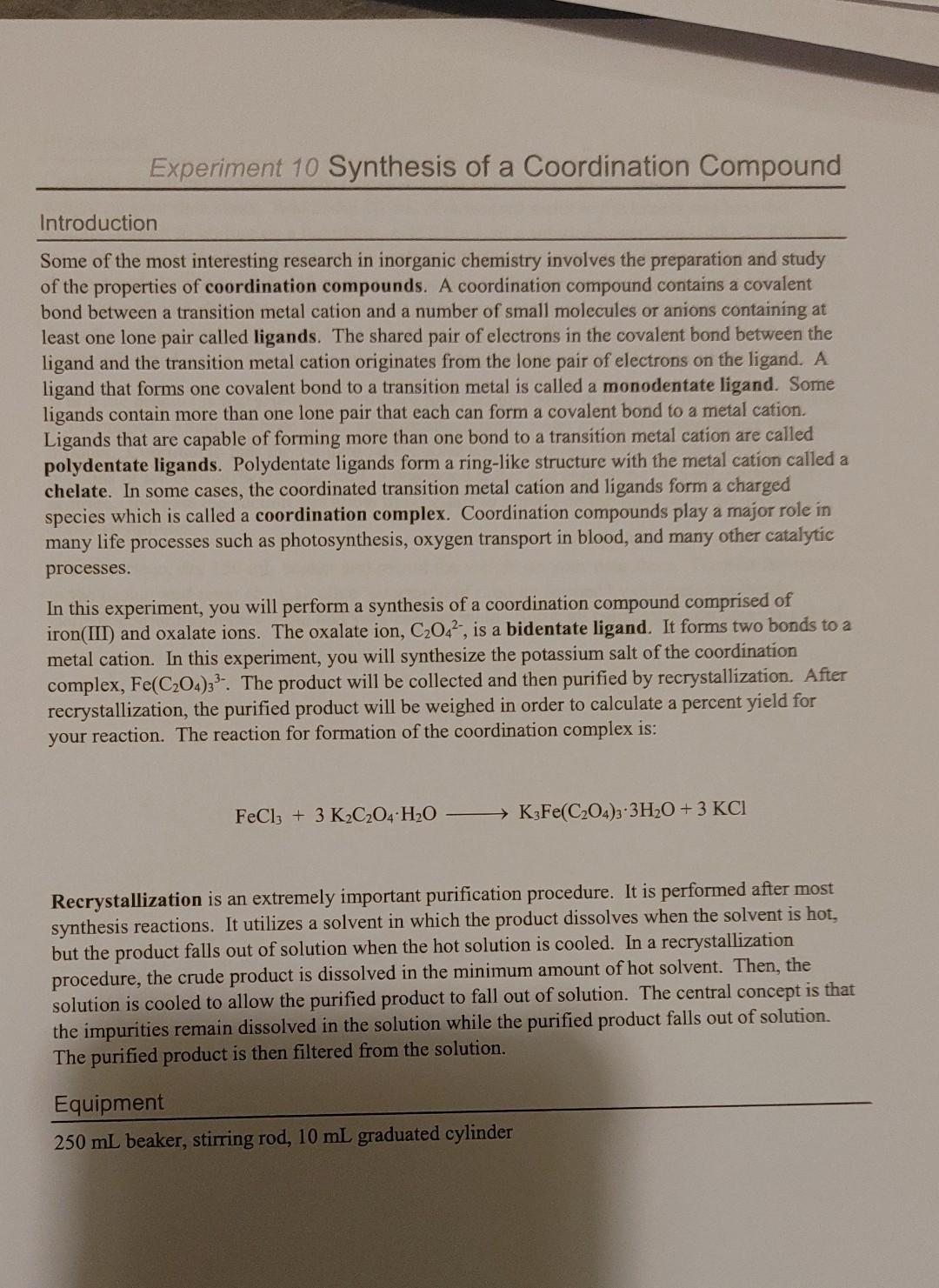 Solved Experiment 10 Synthesis of a Coordination Compound | Chegg.com