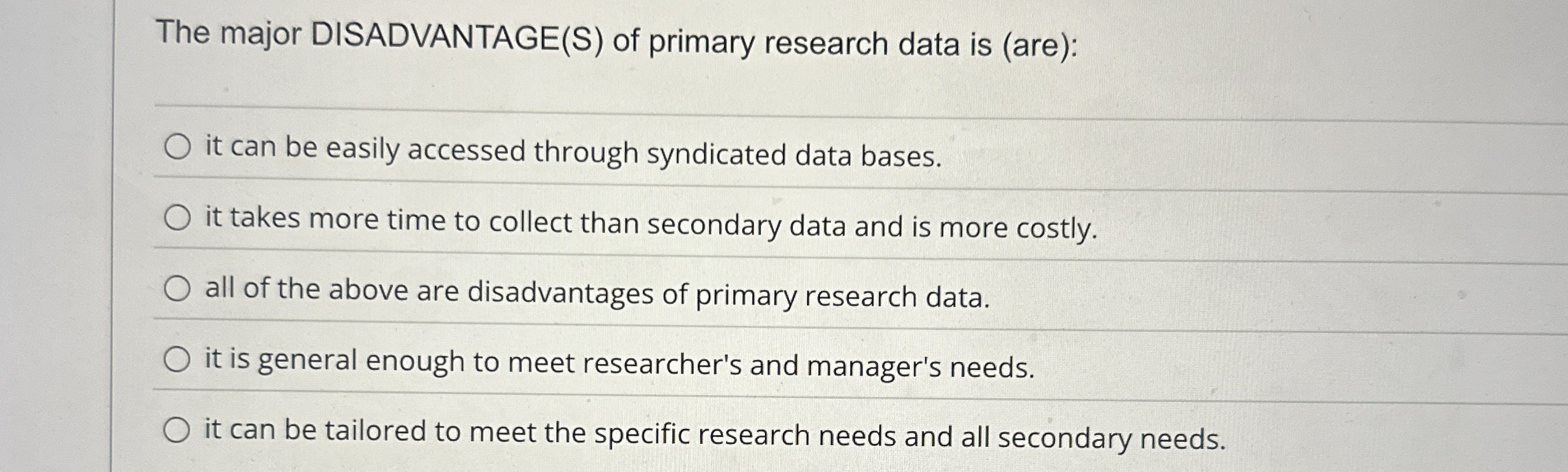 Solved The major DISADVANTAGE(S) ﻿of primary research data | Chegg.com