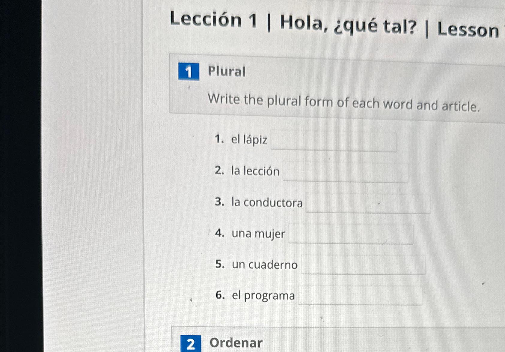 Solved Lección 1 | ﻿Hola, ¿qué ﻿tal? | ﻿Lesson1 ﻿PluralWrite | Chegg.com