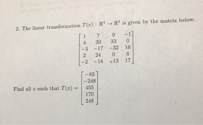 Solved 2. The linear transformation T (2): R4 R$ is given by | Chegg.com