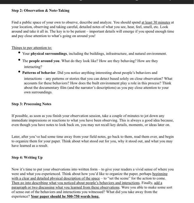 Step 2: Observation & Note-Taking Find a public space | Chegg.com