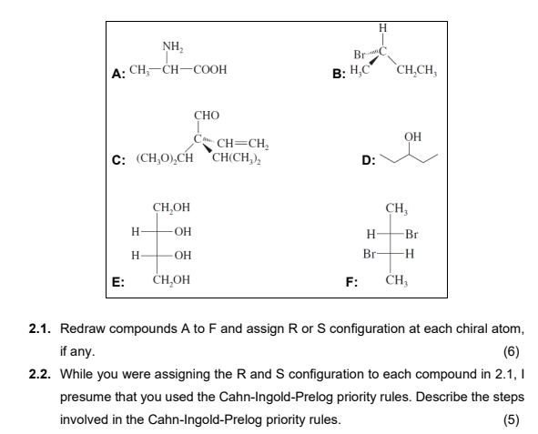 Solved 2.1. ﻿Redraw compounds A to F and assign R or S | Chegg.com