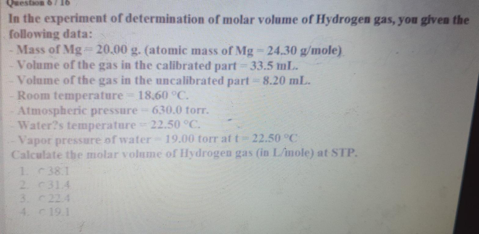 Solved In the experiment of determination of molar volume of | Chegg.com