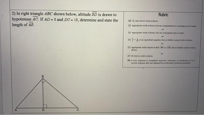 Solved 2) In right triangle ABC shown below, altitude BD is | Chegg.com