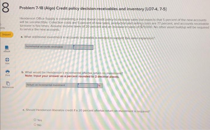 Solved Problem 7-18 (Algo) Credit policy | Chegg.com
