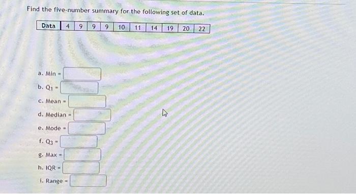 Solved Find the five-number summary for the following set of | Chegg.com
