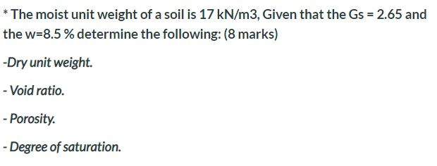 Solved * The moist unit weight of a soil is 17 kN/m3, Given | Chegg.com