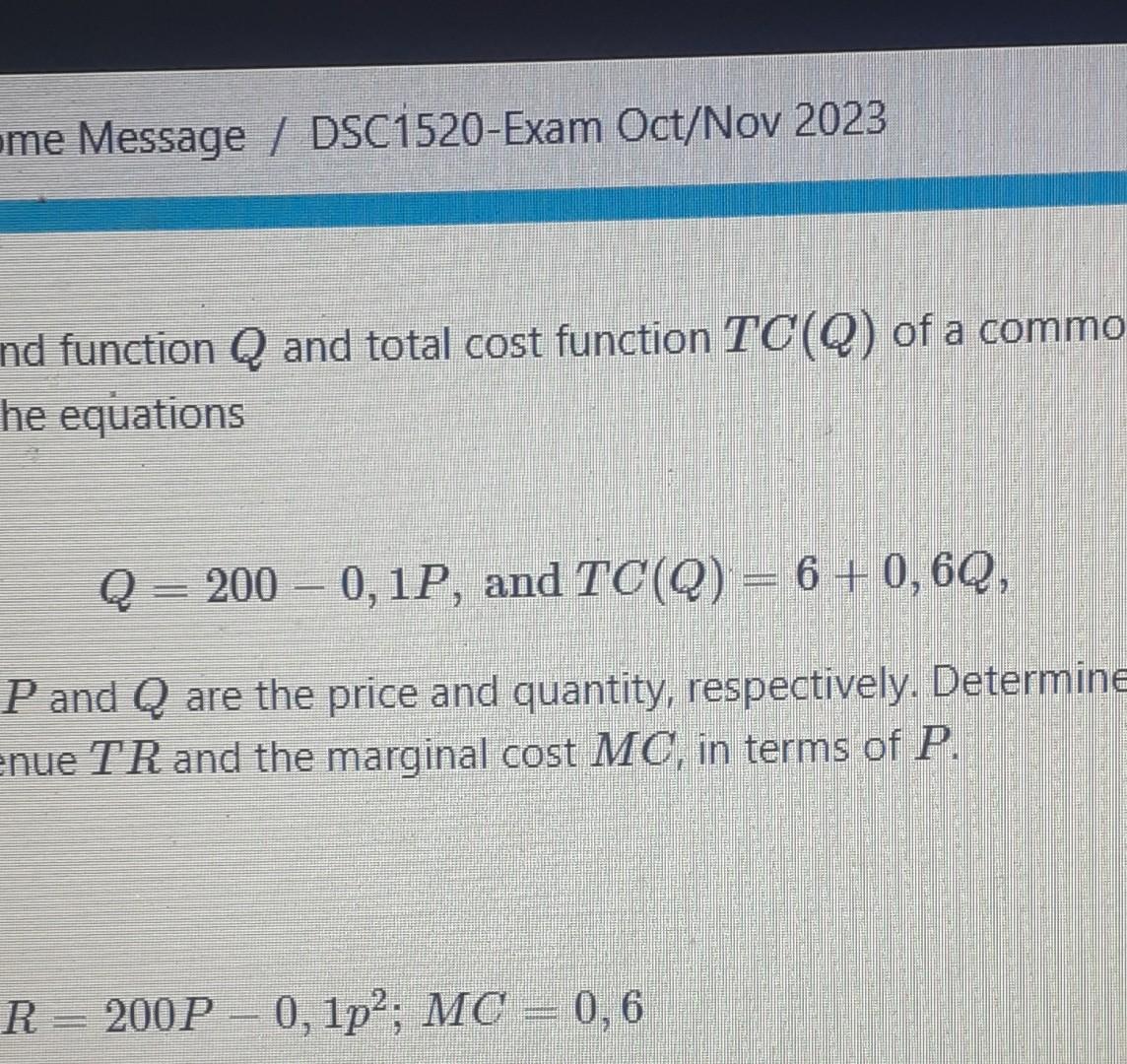 Solved nd function Q and total cost function TC(Q) of a | Chegg.com