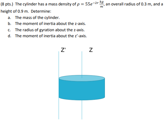 Solved The cylinder has a mass density of ρ=55e-2rkgm, ﻿an | Chegg.com
