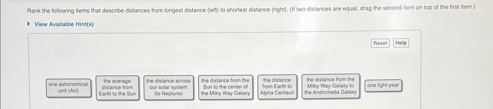 Solved Rank the following items that describe distances from | Chegg.com