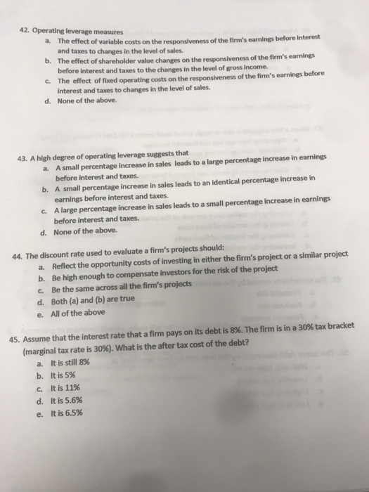 Solved 42. Operating leverage measures a. The effect of | Chegg.com