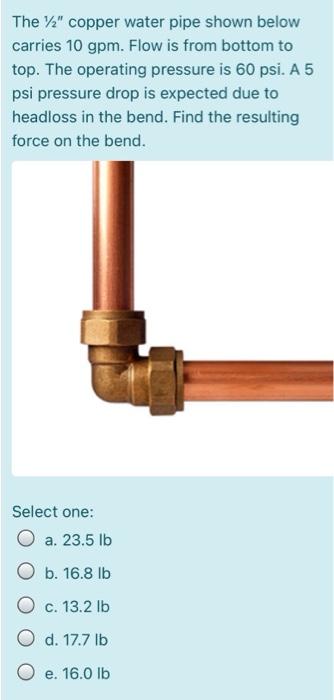 Solved The V2" copper water pipe shown below carries 10 gpm. | Chegg.com