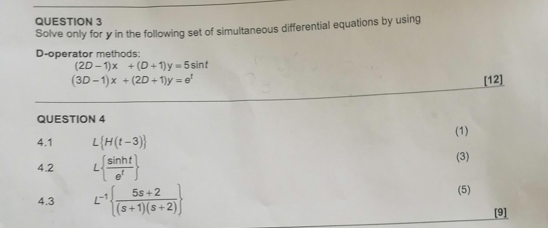 Solved QUESTION 3 Solve only for y in the following set of | Chegg.com