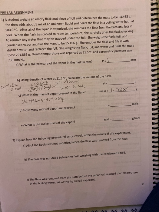 Solved PRE-LAB ASSIGNMENT 1) A student weighs an empty flask | Chegg.com