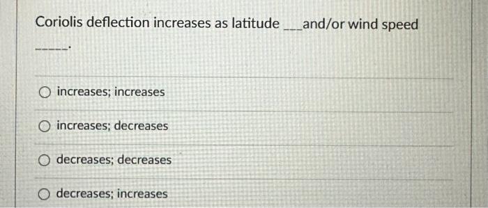 Solved Coriolis deflection increases as latitude ___and/or | Chegg.com