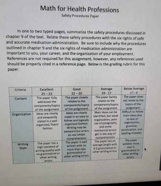 Math for Health Professions Safety Procedures Paper | Chegg.com