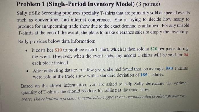 Solved Problem 1 (Single-Period Inventory Model) (3 points) | Chegg.com