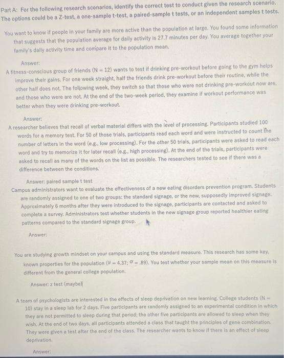 Solved Part A: For the following research scenarios, | Chegg.com