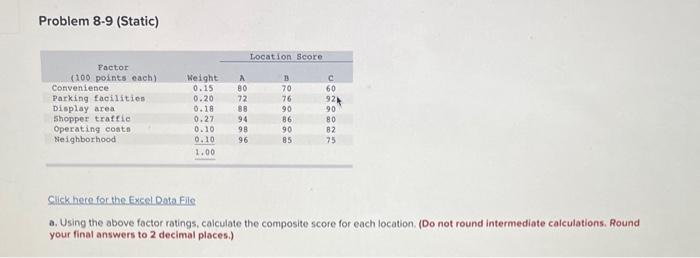 Solved Problem 8-9 (Static) Click hece for the Excel Data | Chegg.com