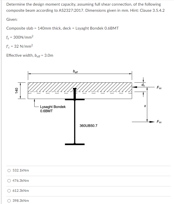 Solved Determine the design moment capacity, assuming full | Chegg.com