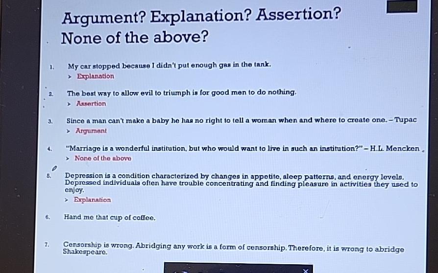Solved Argument? Explanation? Assertion? None of the | Chegg.com
