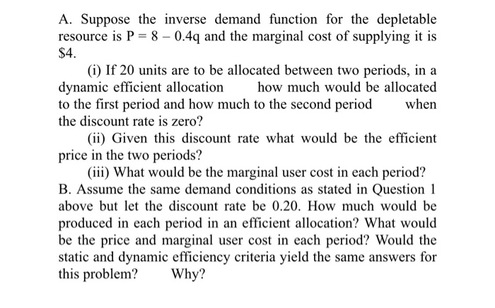 Solved A. Suppose the inverse demand function for the | Chegg.com