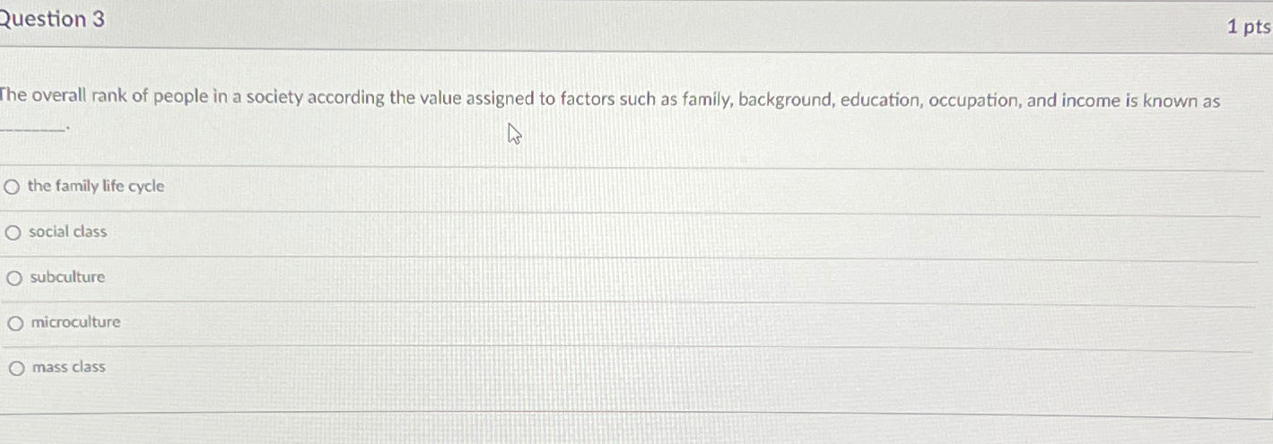 Solved Question 31ptsThe overall rank of people in a society | Chegg.com
