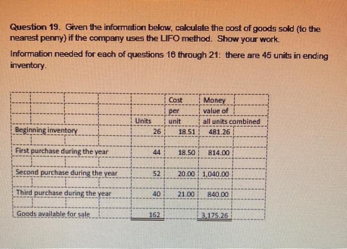 Solved Question 19. Given the information below, calculate | Chegg.com