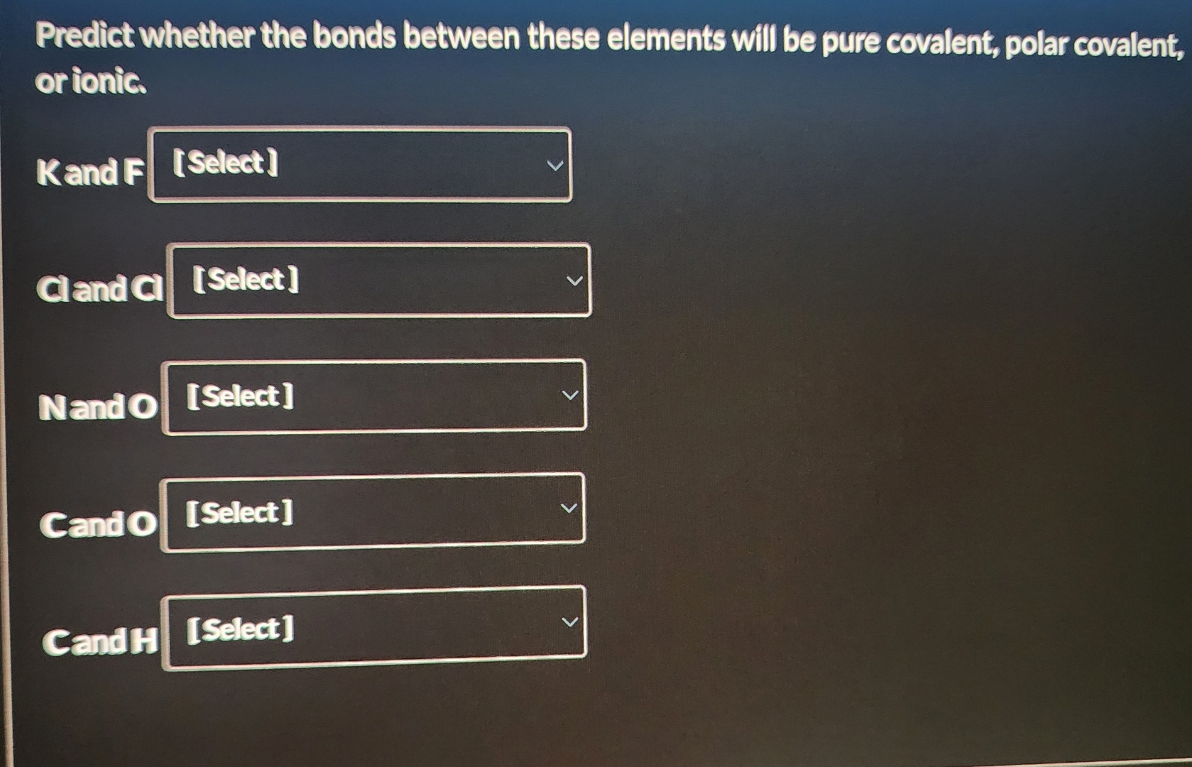 Solved Predict whether the bonds between these elements will | Chegg.com