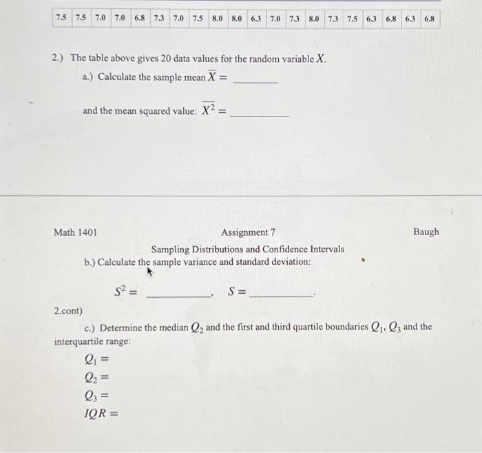 Solved 2.) The table above gives 20 data values for the | Chegg.com