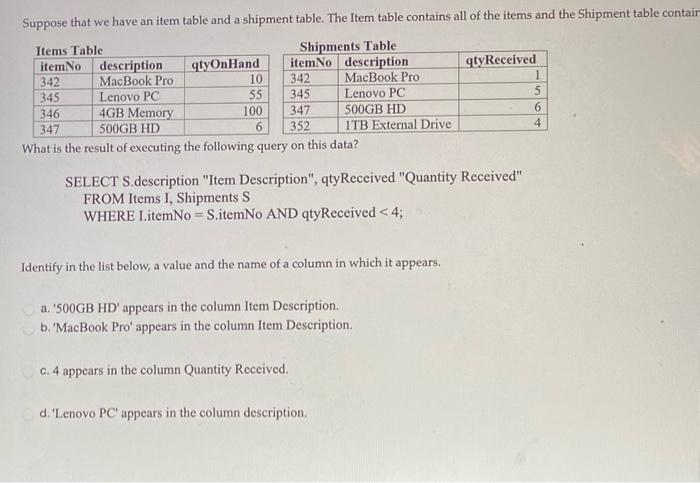 Solved Suppose that we have an item table and a shipment | Chegg.com