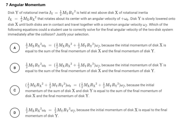 Solved 7 Angular Momentum Disk Y of rotational inertia ly = | Chegg.com