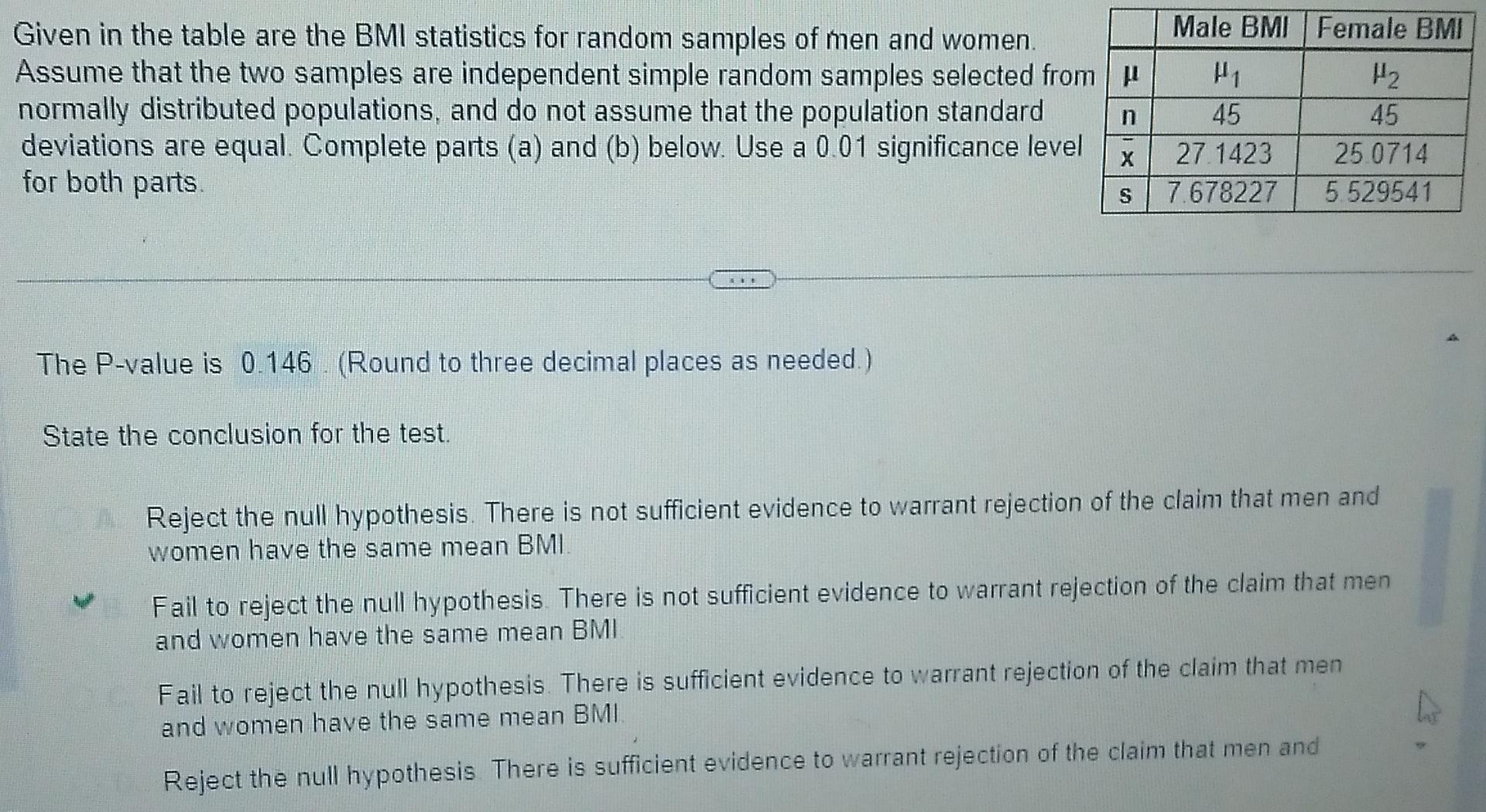 Solved Given in the table are the BMI statistics for random | Chegg.com