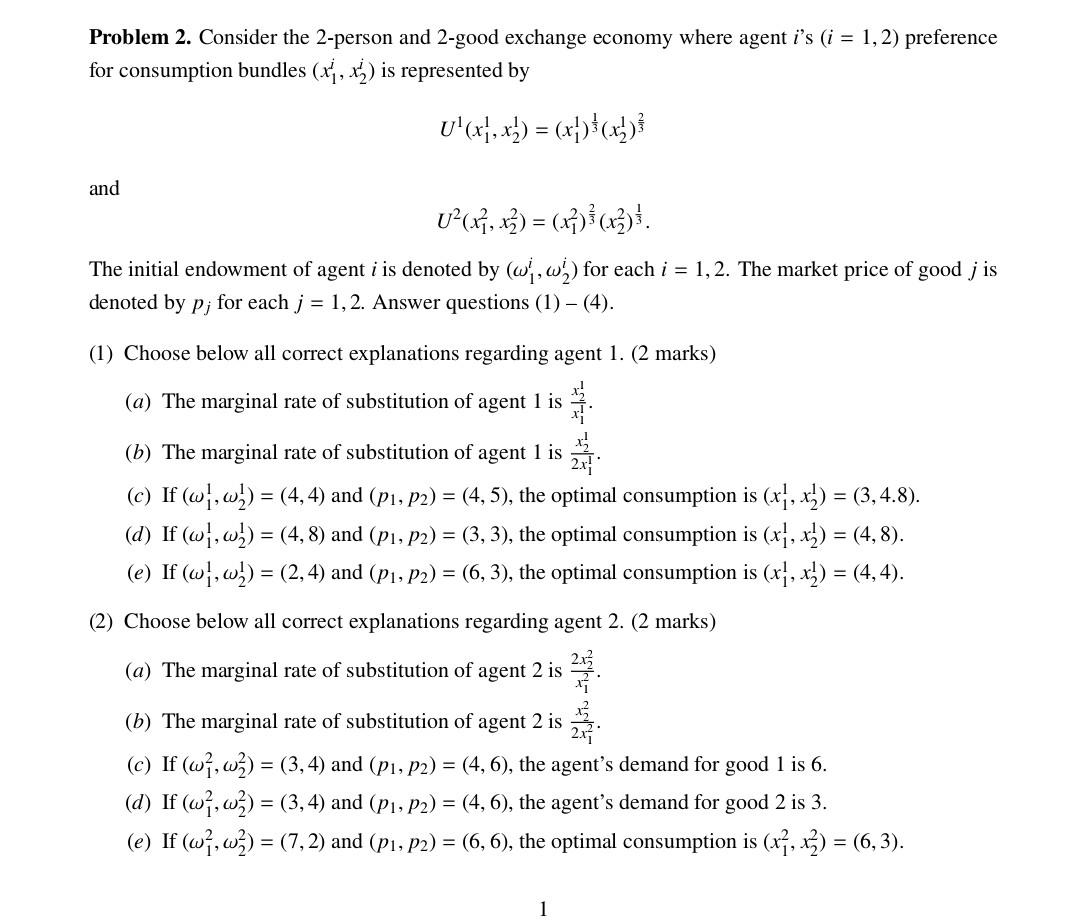 Solved Problem 2. Consider the 2-person and 2-good exchange | Chegg.com