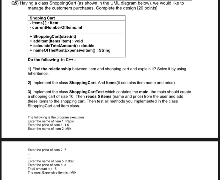 Solved Q5) Having a class Shopping Cart (as shown in the UML | Chegg.com