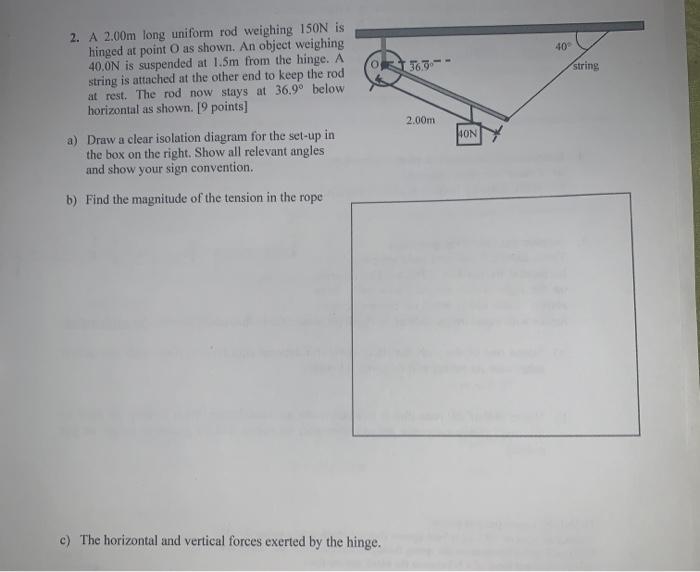 Solved 40 369--- string 2. A 2.00m long uniform rod weighing | Chegg.com Solved 40 369--- string 2. A 2.00m long uniform rod weighing | Chegg.com