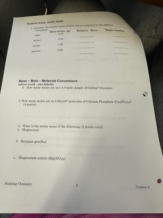 Solved Mass - Mole - Molecule Conversions (show work - use | Chegg.com