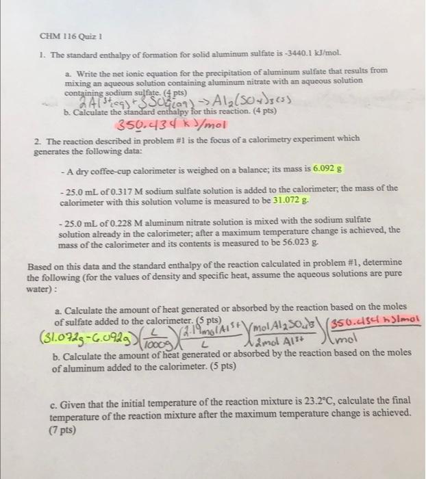 Solved CHM 116 Quiz 1 1. The standard enthalpy of formation | Chegg.com