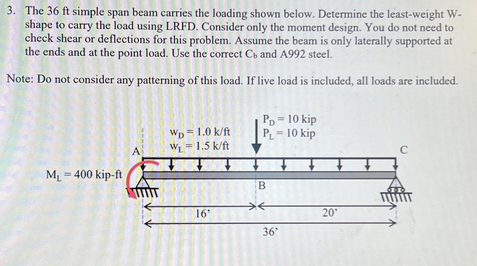 Solved The 36ft ﻿simple span beam carries the loading shown | Chegg.com